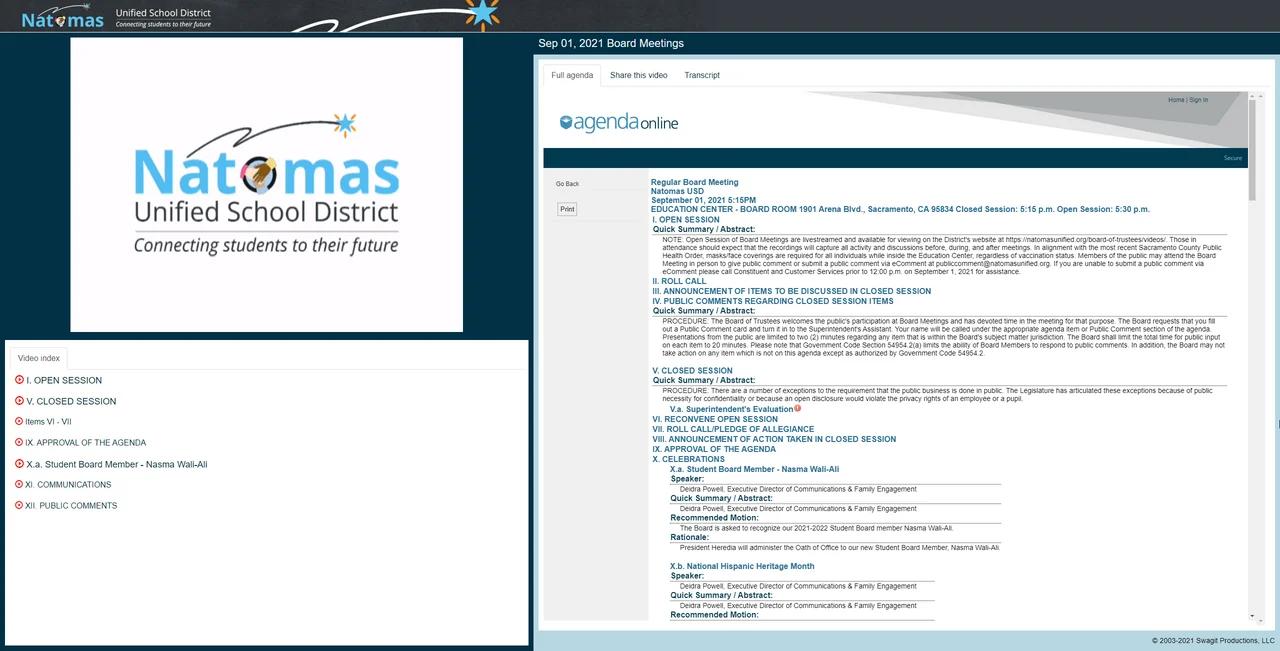 Natomas Unified School District Board Meeting - September 1st, 2021