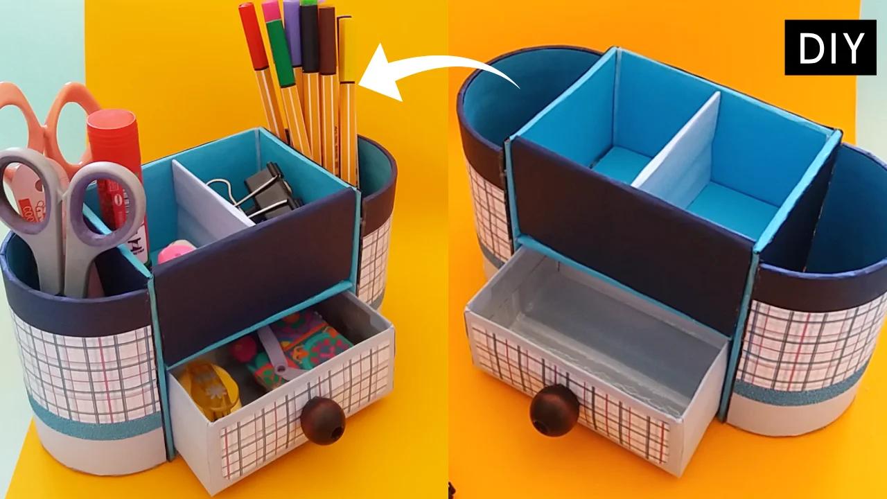 Desk Organizer Idea with Cardboard and Empty Tape Roll DIY