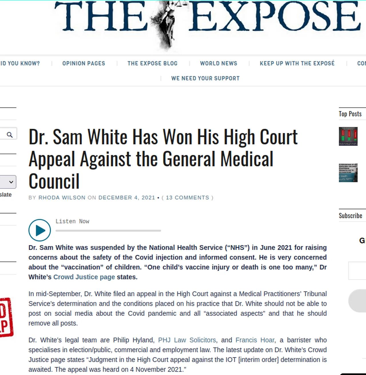 Dr Sam White has won his high court appeal against the general medical ...