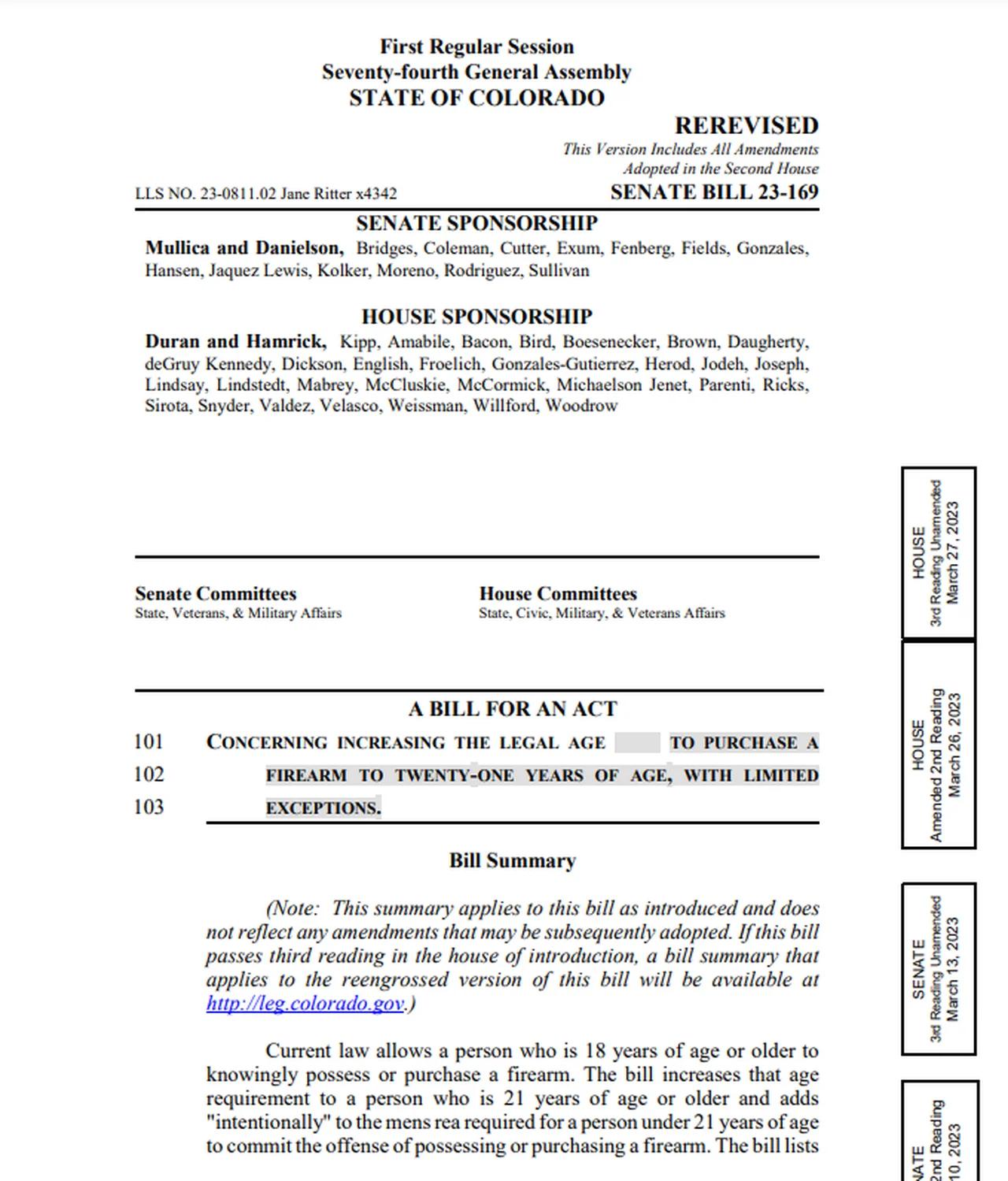 Colorado Senate Bill to Raise the Firearm purchase age to 21