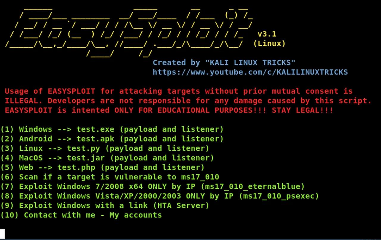 EasySploit - Exploit Android/Windows/MacOS/Linux using Kali Linux