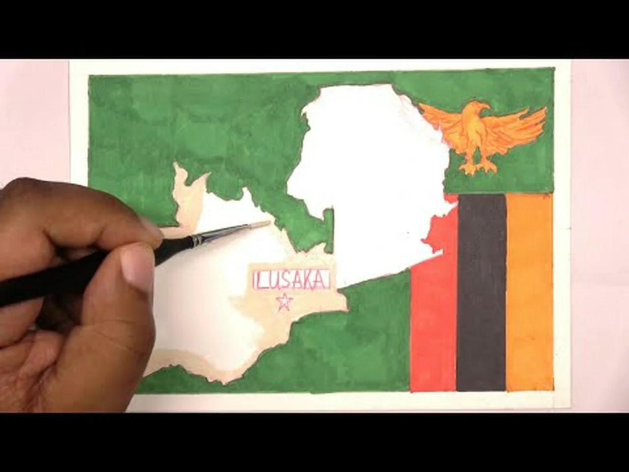 Geography Art | How To Draw The Map of Zambia With Zambian Flag
