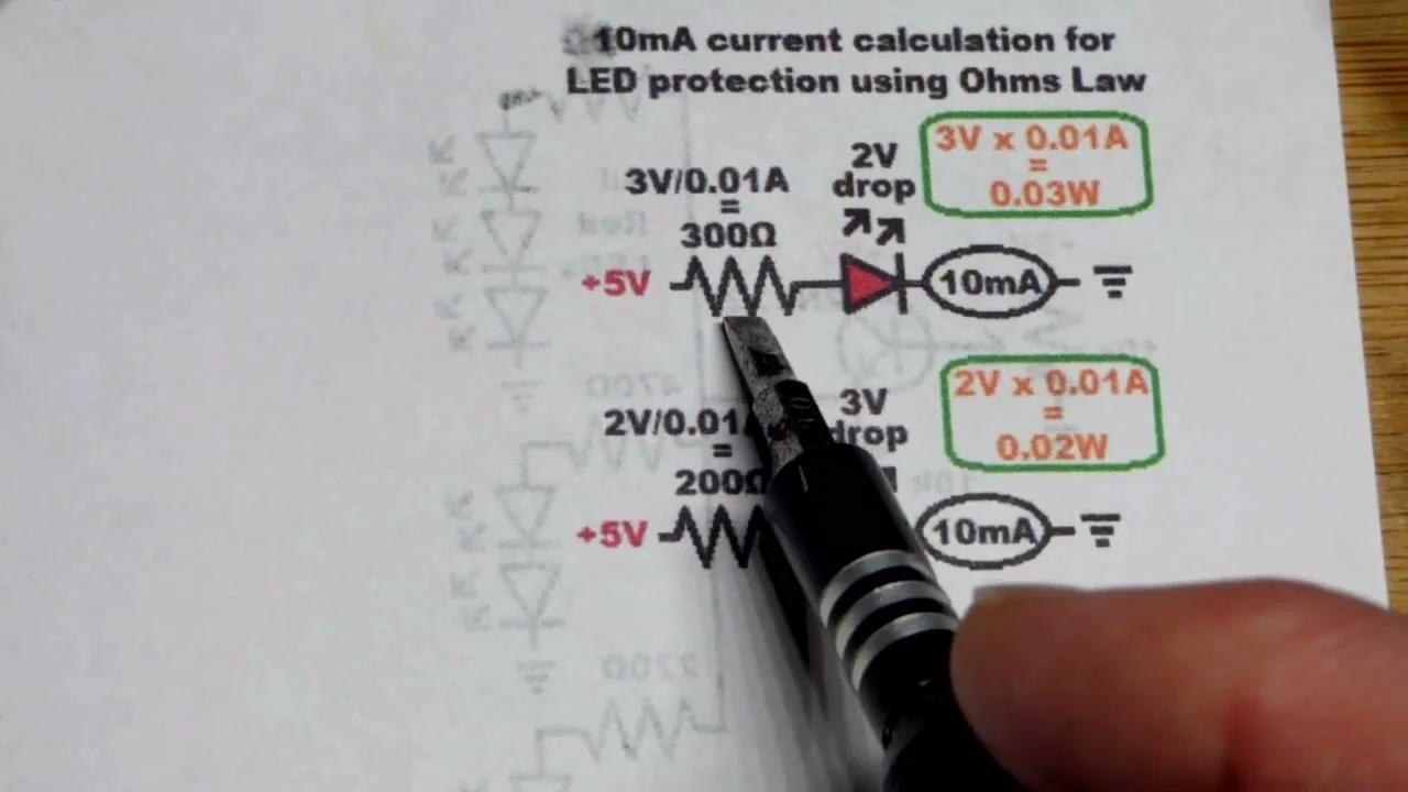Simple resistance calculation for 10mA of current through an LED examples