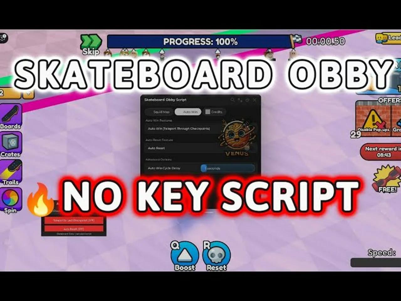 SKATEBOARD OBBY SCRIPT ROBLOX 🔥 AUTO WIN, UNLOCK ALL WORLD 🔥NO KEY