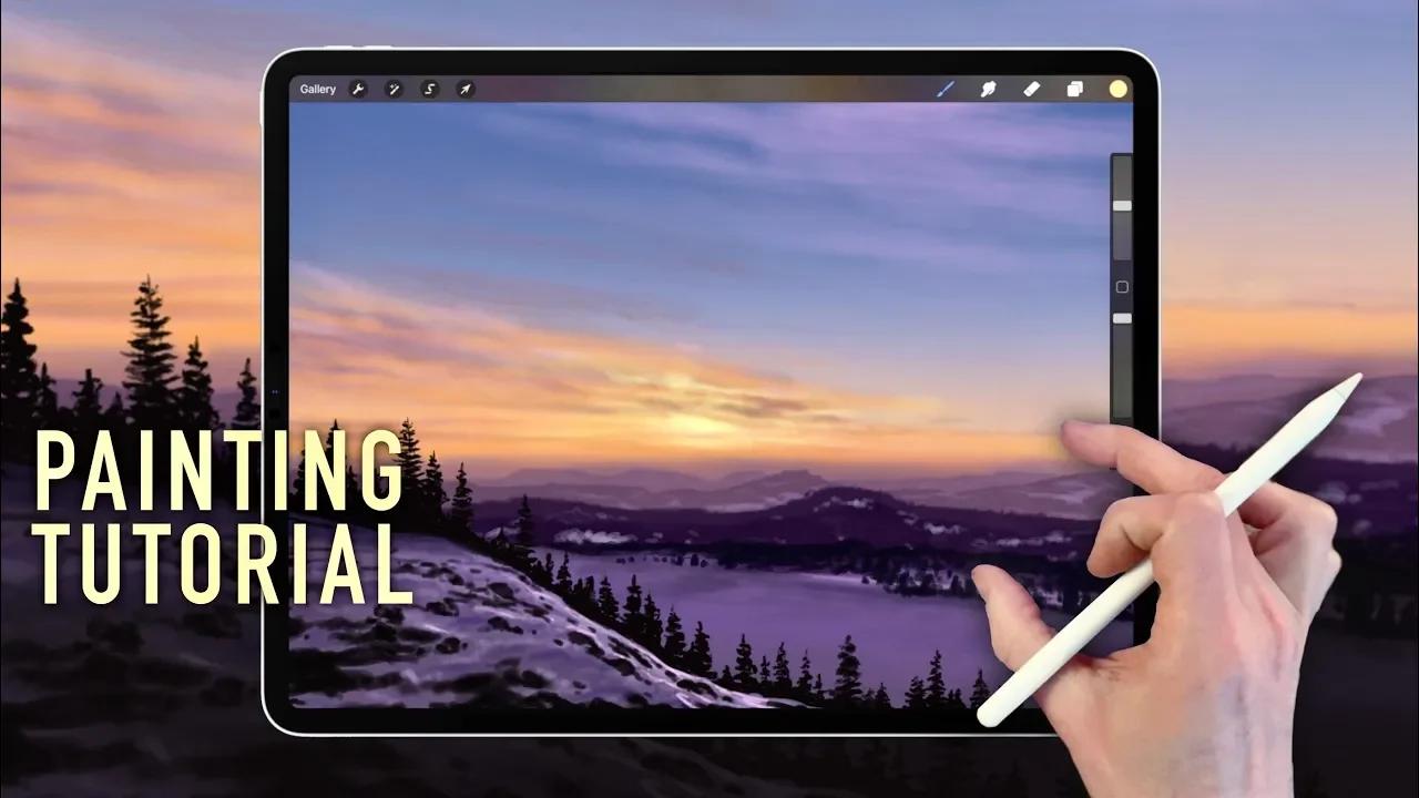 IPAD PAINTING TUTORIAL - Winter Mountain Sunset Landscape in Procreate