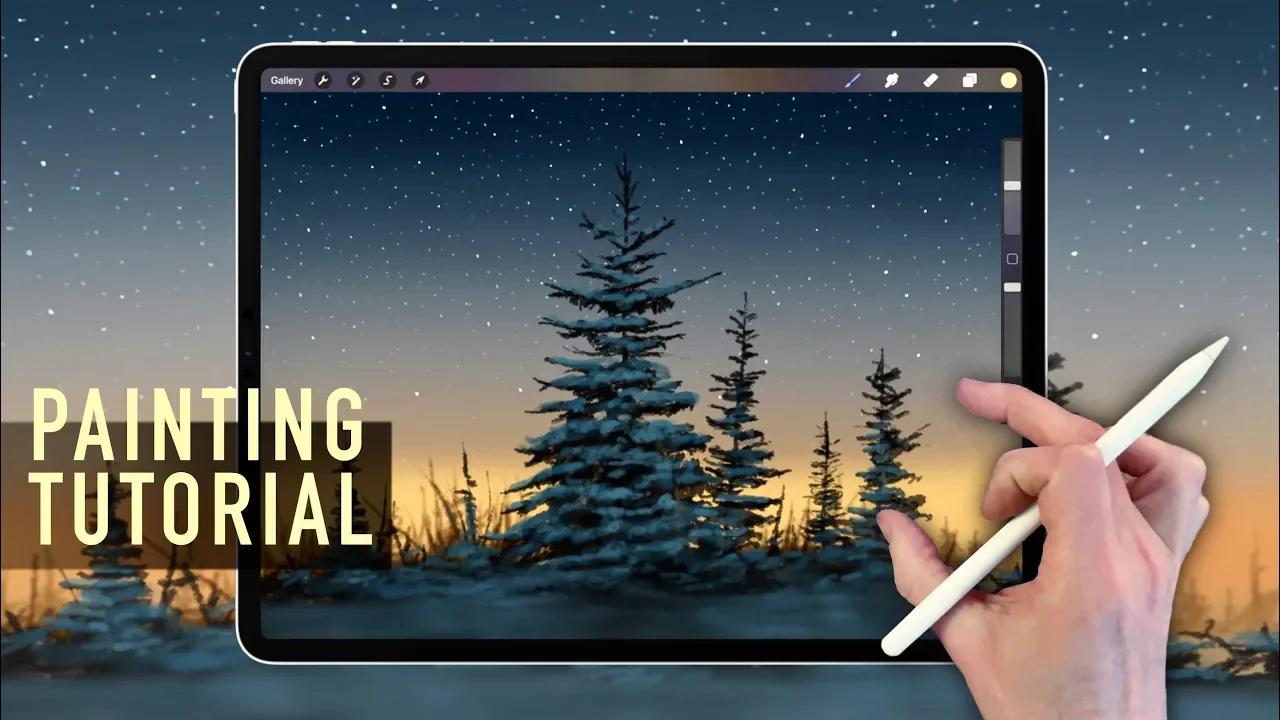 IPAD PAINTING TUTORIAL - Snow Trees at night Landscape in Procreate