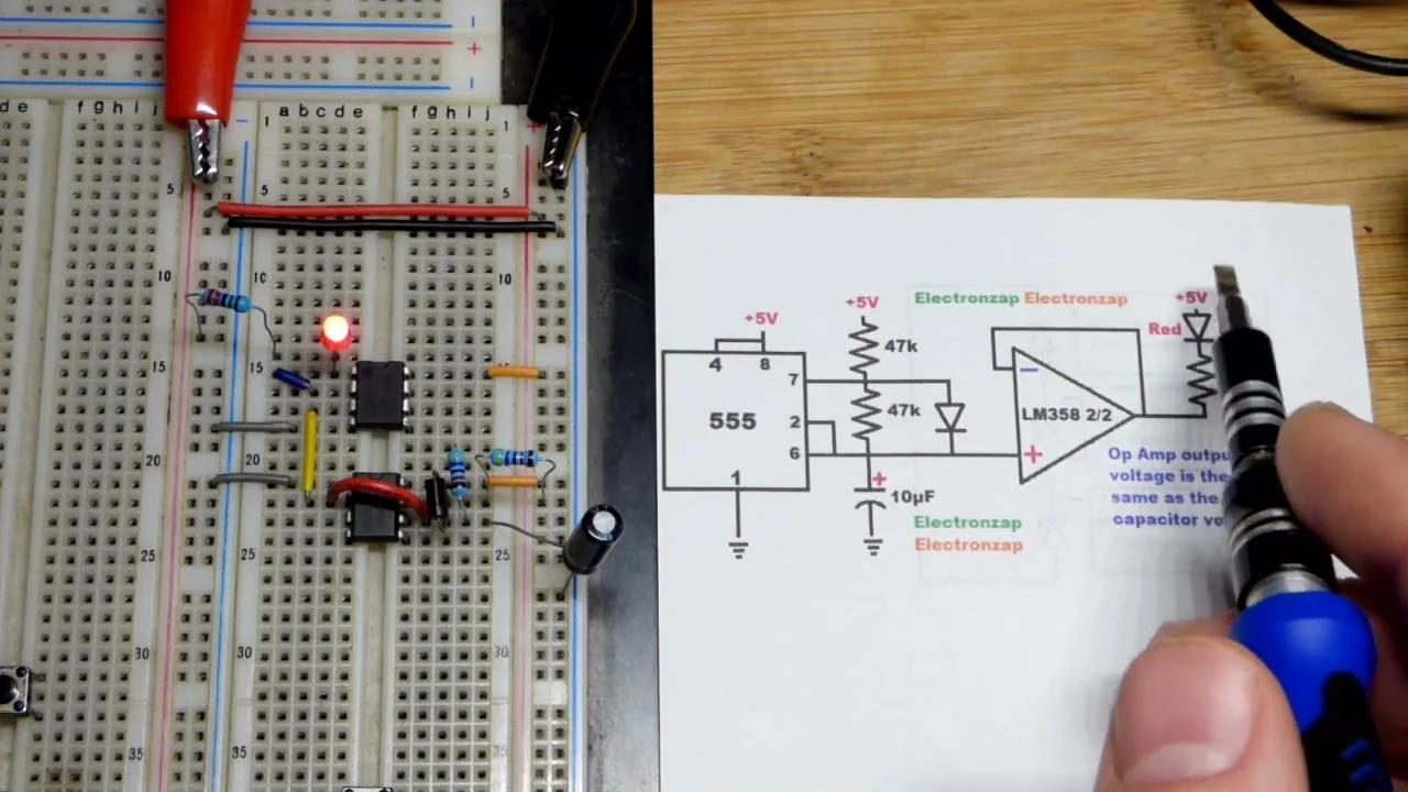 Pulsating LED Circuit using Astable 555 Timer and Op Amp Voltage Follower
