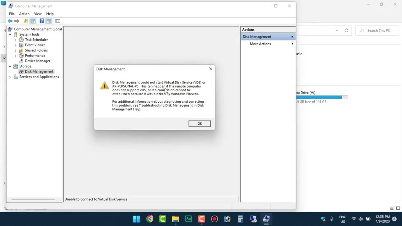how to fix unable to connect virtual disk server | can't connect Disk Management system