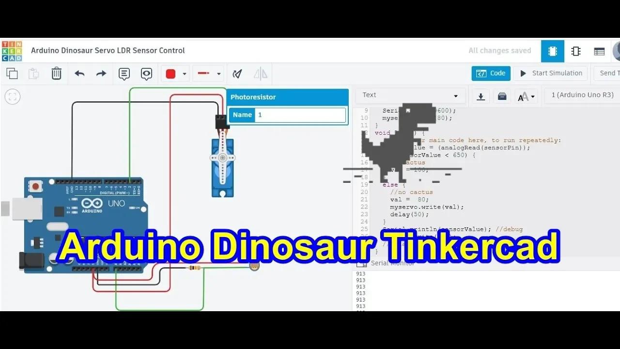 Arduino Trex Dinosaur #Game Servo Motor Light Sensor #Tinkercad Simulation $004 #1000ArduinoDinosaur