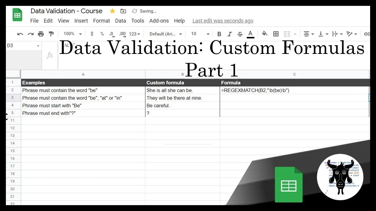 Creating Custom Formulas using simple regular expression for Data Validation in Google Sheets