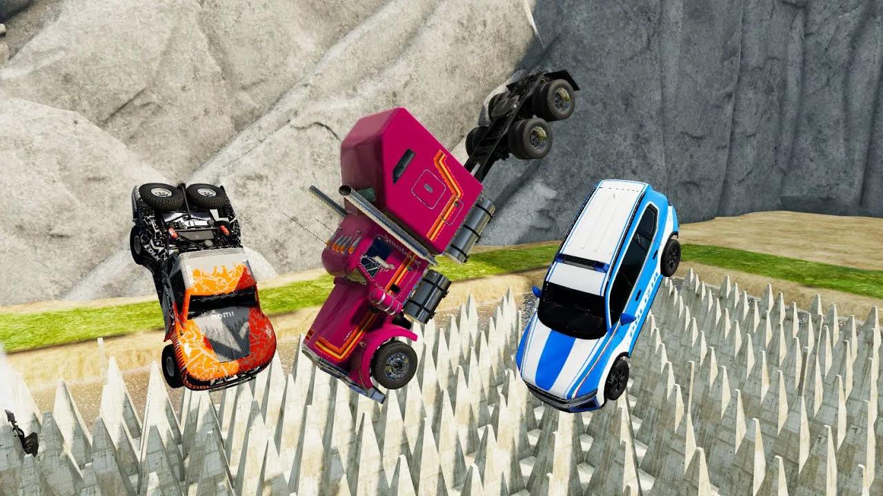 High Speed Jumps On Sharp Spikes (Crash Test) #2 - BeamNG drive Crazy ...
