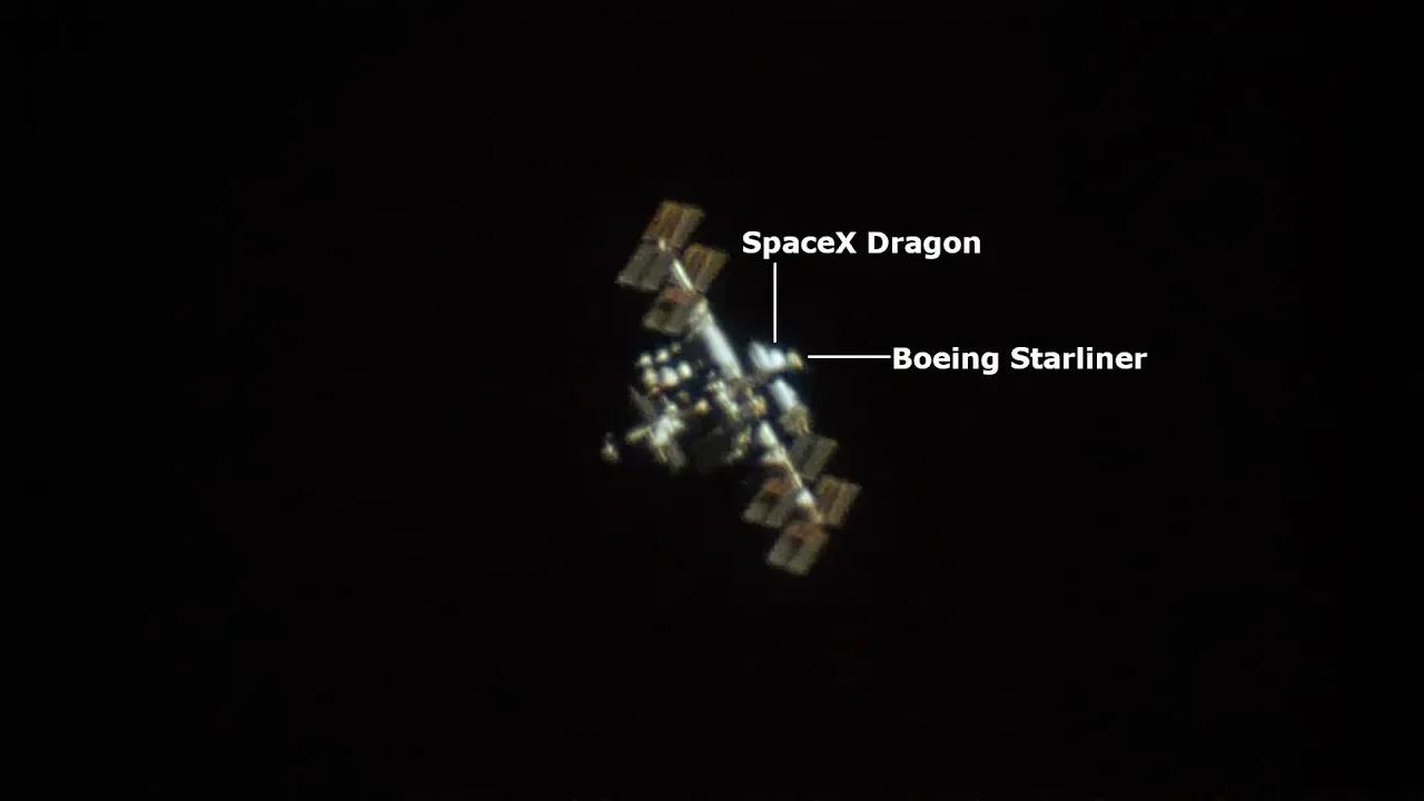 Telescope Footage of ISS with Boeing Starliner Still Docked!