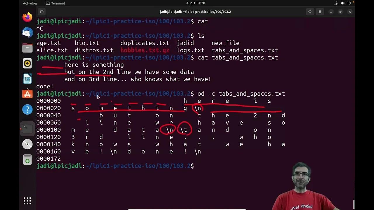 024 - How to view text streams using gnu textutils (od, less, cat, ...)