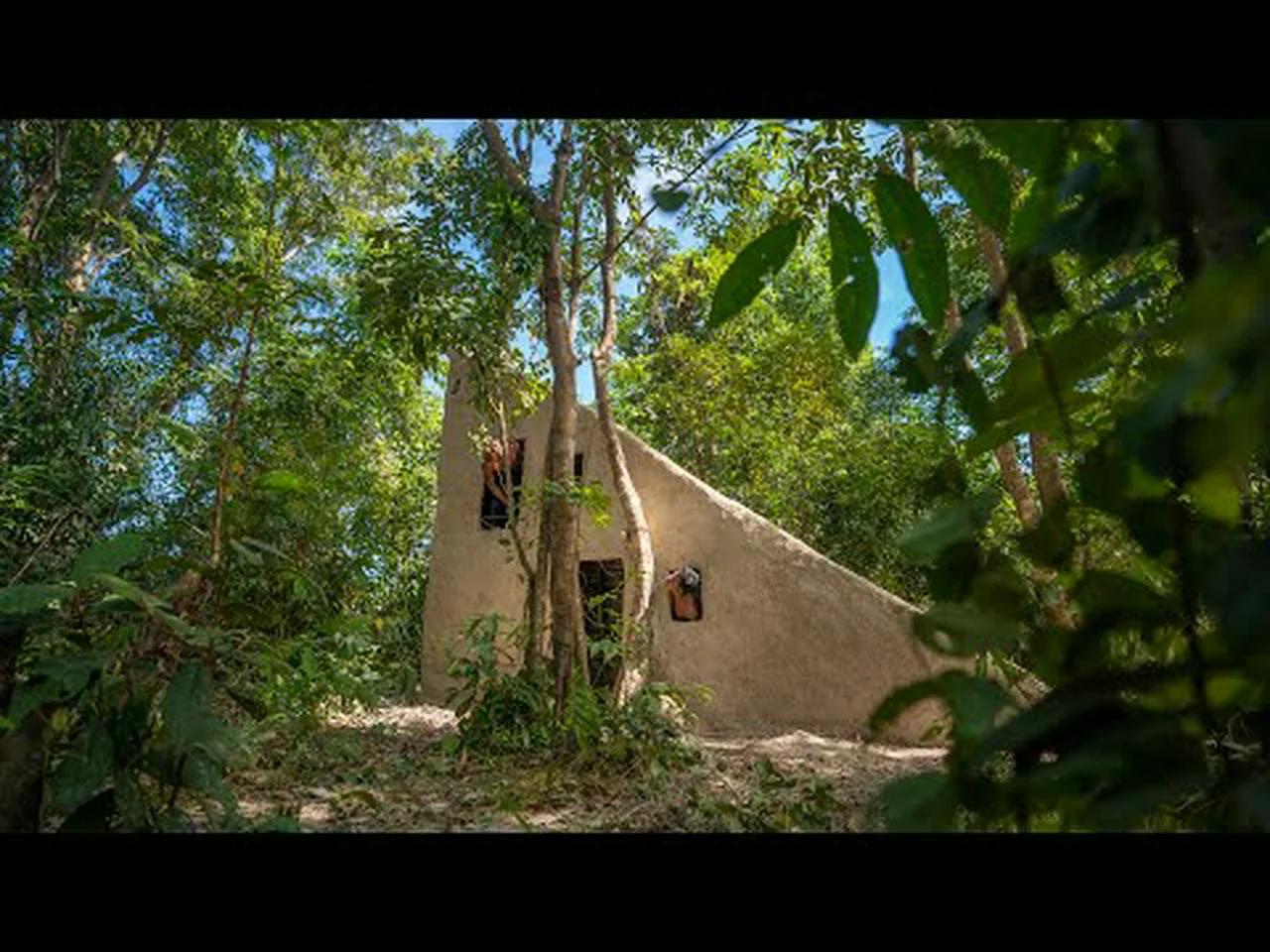 Building complete and warm survival shelter, Bushcraft earth hut House