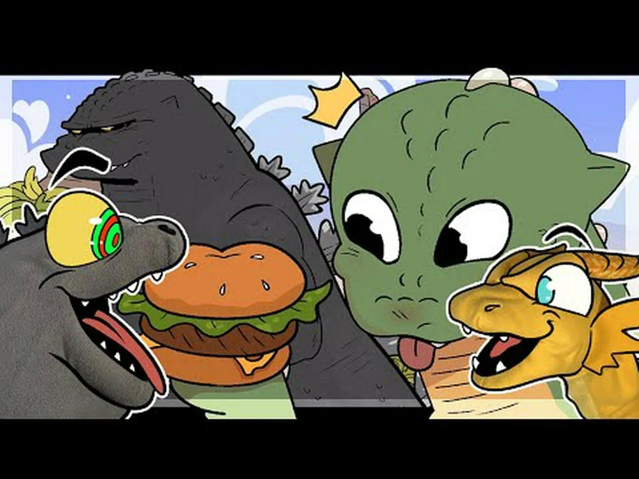 Godzilla & Kevin React to Godzilla Jr. Makes A Burger [Godzilla Animation]