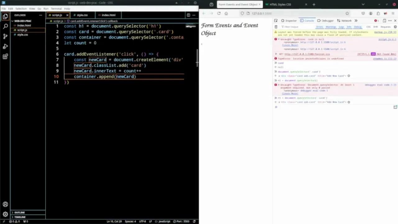 Uncaught TypeError: card is null