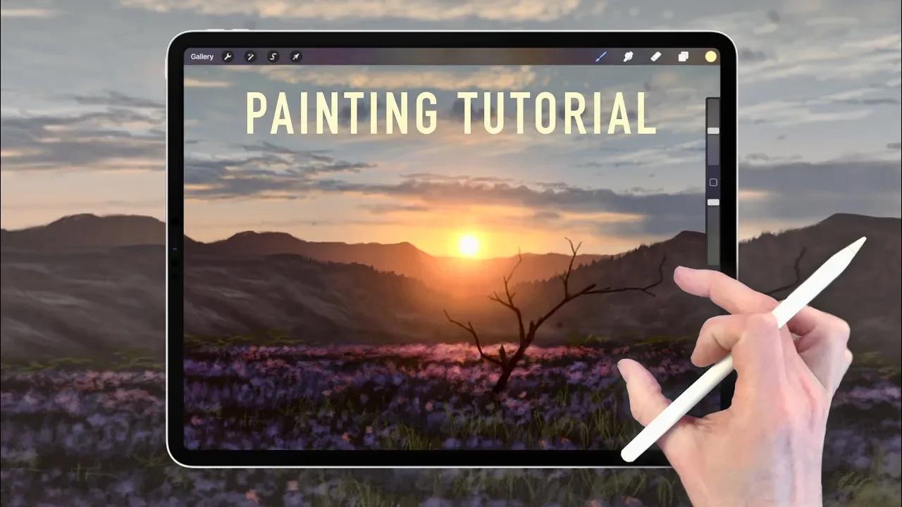 IPAD PAINTING TUTORIAL - Easy Mountain Sunset Flowers landscape in ...