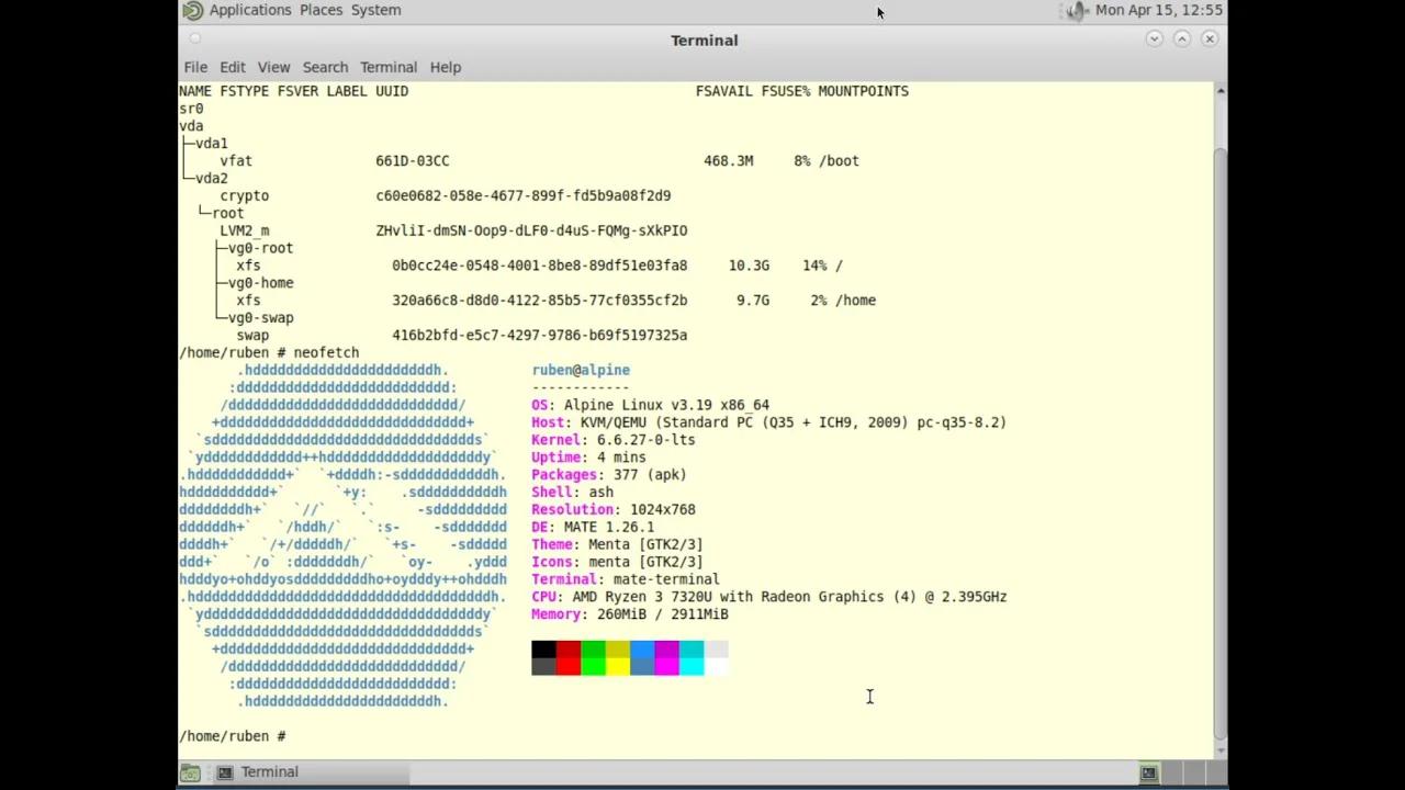 Alpine Linux encriptado con xfs y lvm.