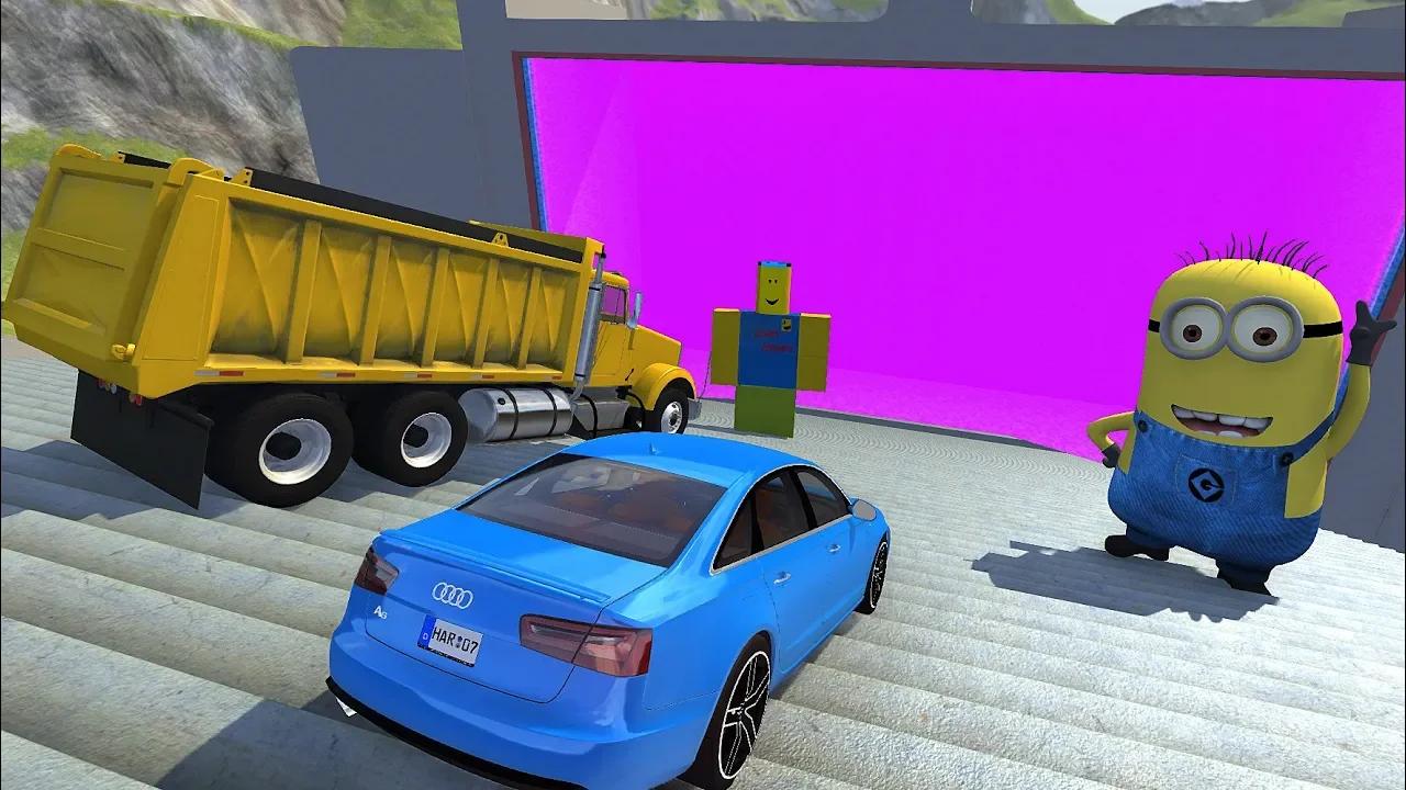 Heavy Crazy Vehicle Stairs Jumps Down In Vertical Purple Slime Pool ...
