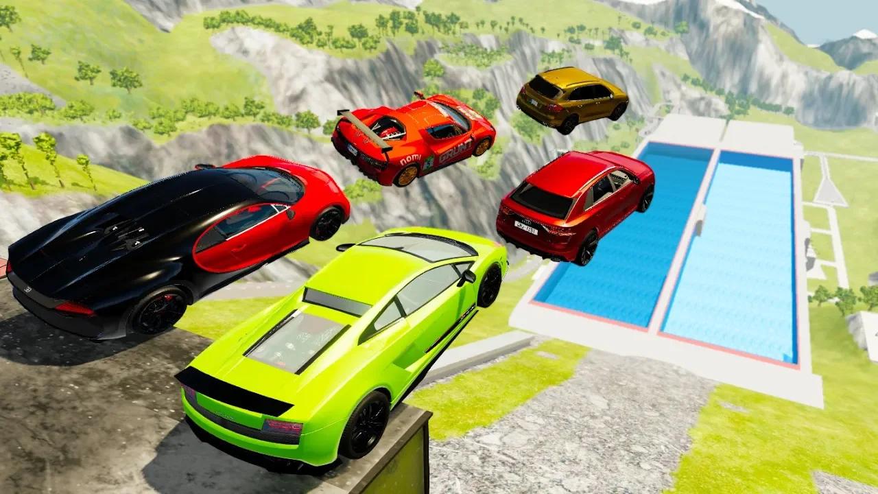 High Speed Car Jump In Pool With Water Or Empty Pool (Crash Test ...