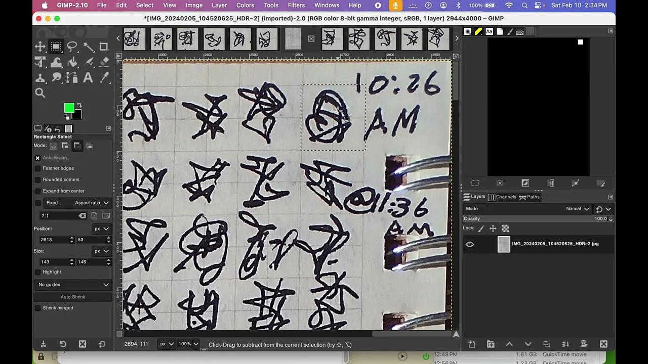 Gimp edit of hieroglyphs pulling the small scribbles out of the image and creating it's own image.