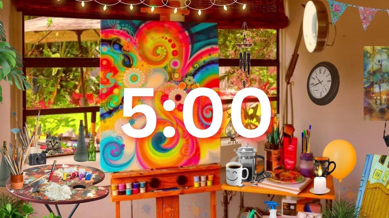 5 MINUTE TIMER - 5 MINUTE COUNTDOWN TIMER WITH ARTST STUDIO AMBIENCE - Rain, Clock, Painting Sounds