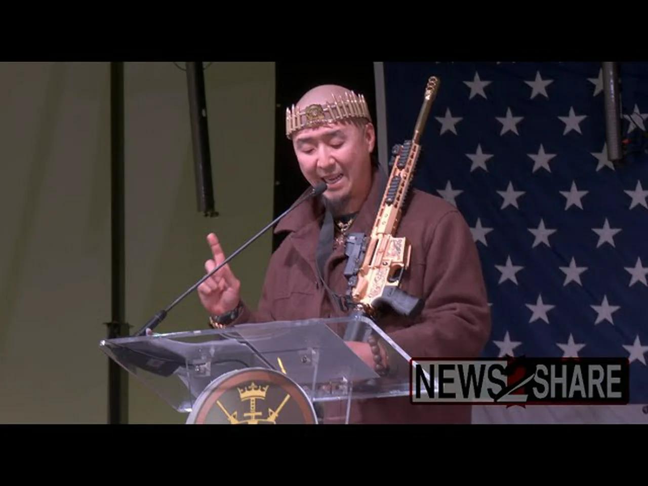 Rod of Iron Ministries Pastor Sean Moon preaches with rifle and crown ...