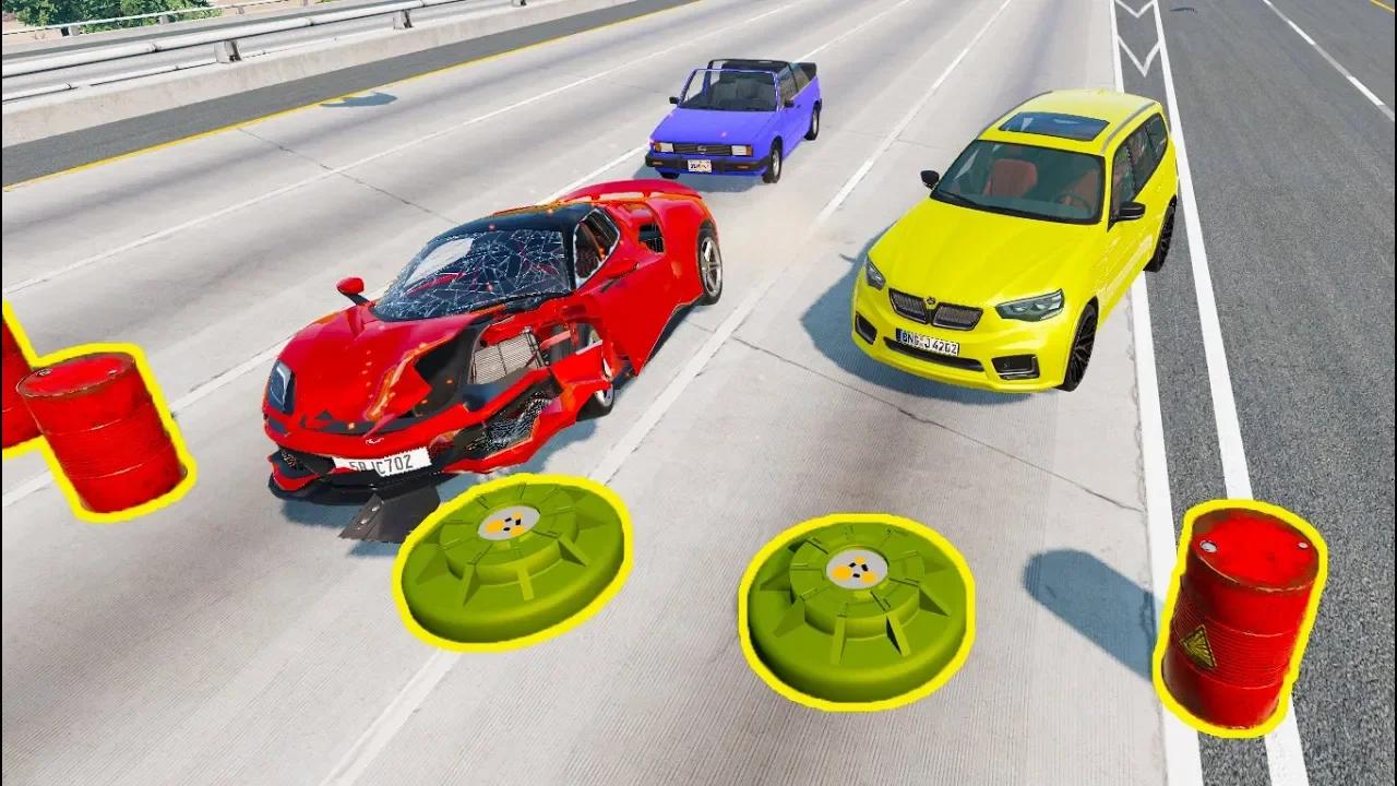 Cars Vs Land Mines & Explosive Barrels - BeamNG.drive Cars Driving ...