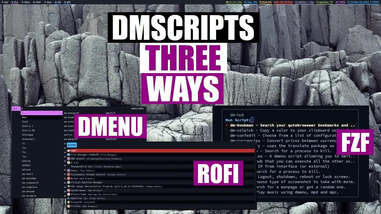 Dmscripts now has '-d', '-r' and '-f' options. (dmenu, rofi, & fzf)