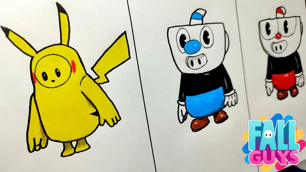 DIBUJO FALL GUYS 2022 (PIKACHU, MUGMAN y CUPHEAD) DRAWING FALL GUYS