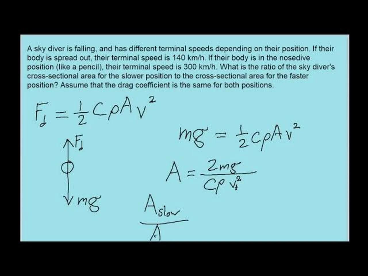 Physics force example - Drag force on a diver at terminal speed