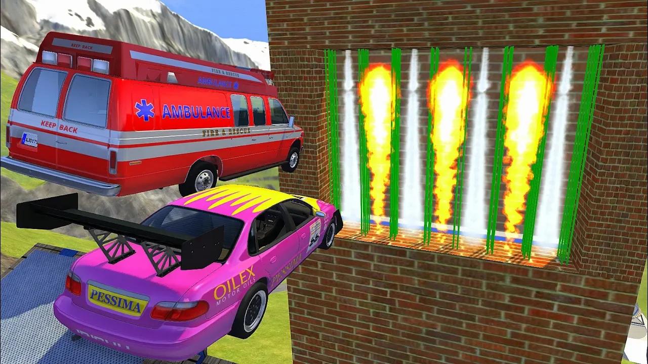 High Speed Jump Through Green Laser & Fire & Smoke Gas Wall Crashes In ...