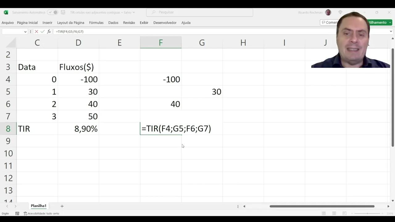 Cálculo da TIR no Excel quando as células não são vizinhas
