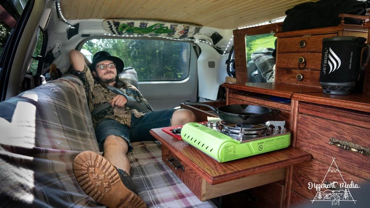 Stealth DIY Mini Van camper Tour | Full kitchen with hidden sink, and ...