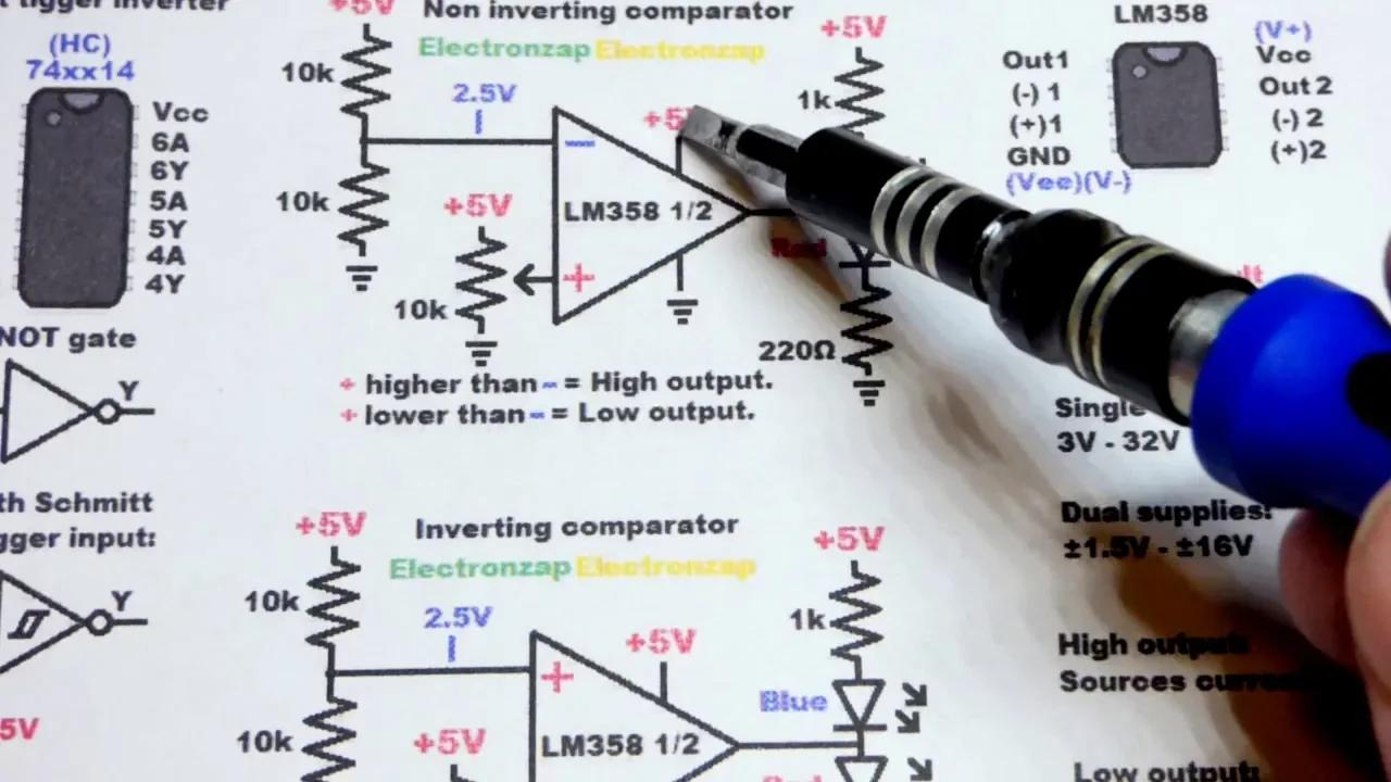 LM358 op amp wired as non inv and inverting comparator LEDs circuit learning electronics lesson 0020
