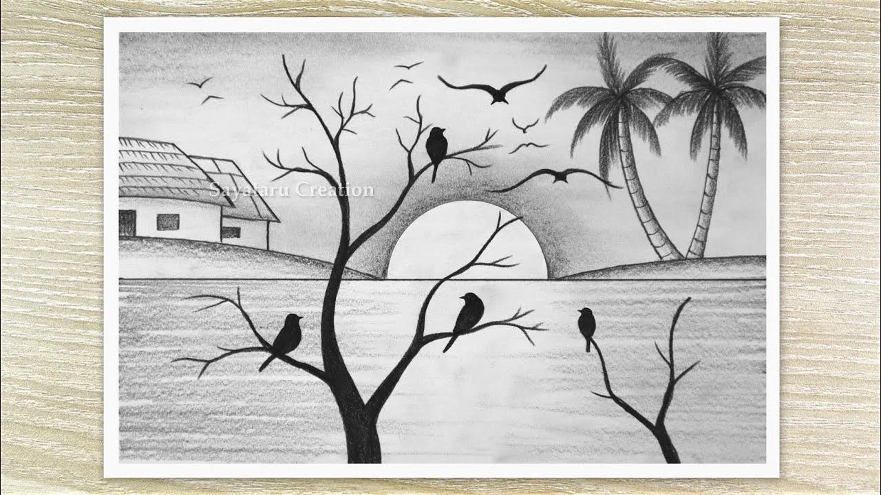 How to draw Sunrise Scenery With Pencil Sketch, Sunset Drawing for ...