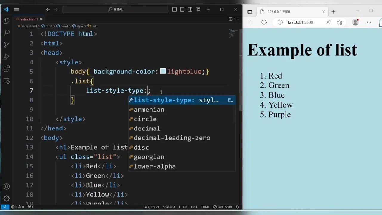 Applying CSS to a list in HTML - Using VS Code