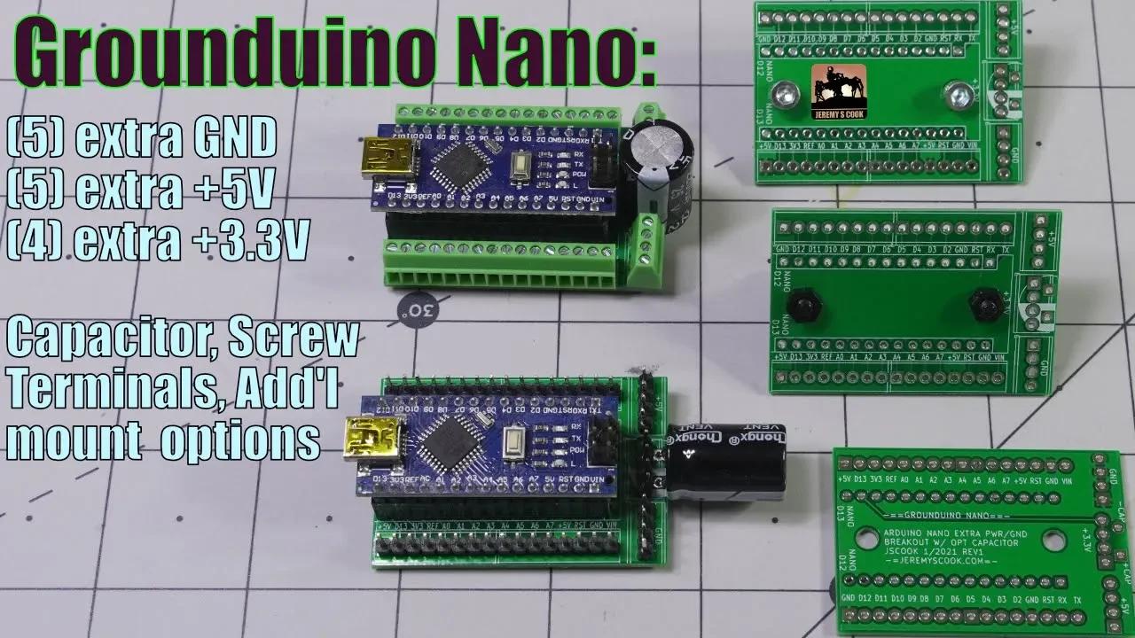 Grounduino: Arduino Nano Breakout [Extra Ground and Power Pins]