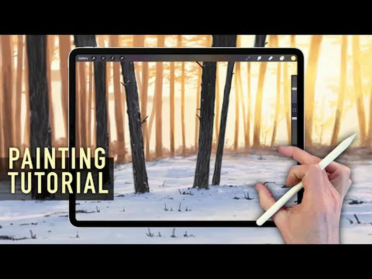 IPAD PAINTING TUTORIAL - Snow Forest Sunrise landscape in Procreate