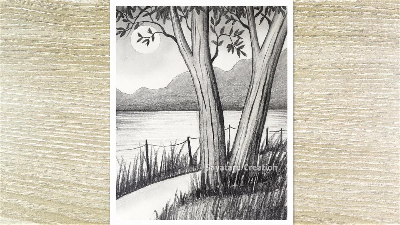 Riverside Road Landscape Drawing with Pencil, Pencil Drawing for Beginners