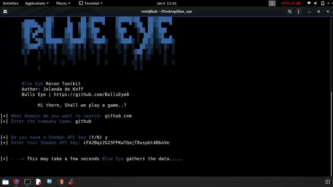 Blue Eye-Python Recon Toolkit script with Shodan on Kali Linux