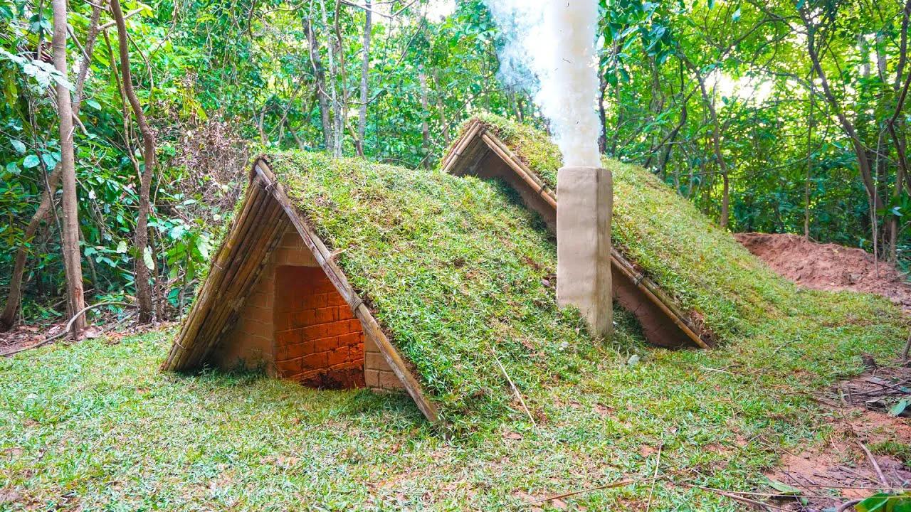 Build Modern Grass Roof Hut Underground by Ancient Skills