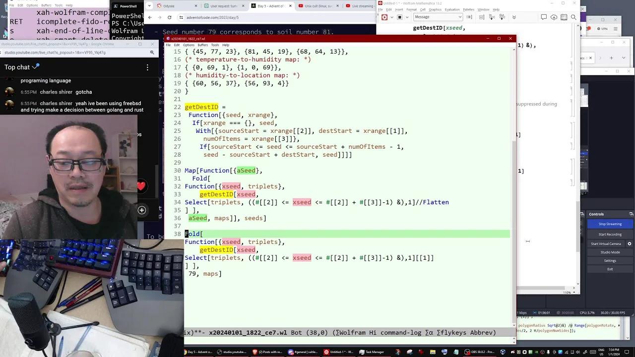 xah talk show 2024-01-01, advent of code, live coding in WolframLang