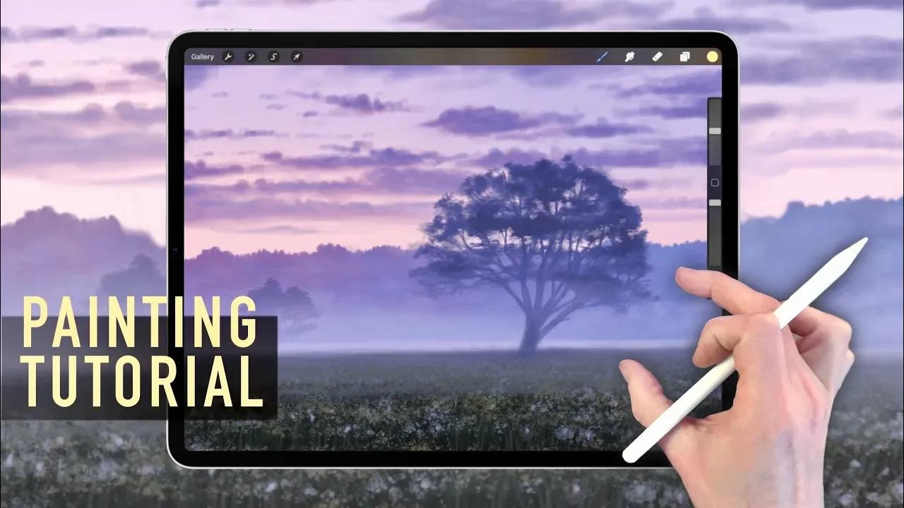 IPAD PAINTING TUTORIAL - Trees in misty fields Landscape in Procreate