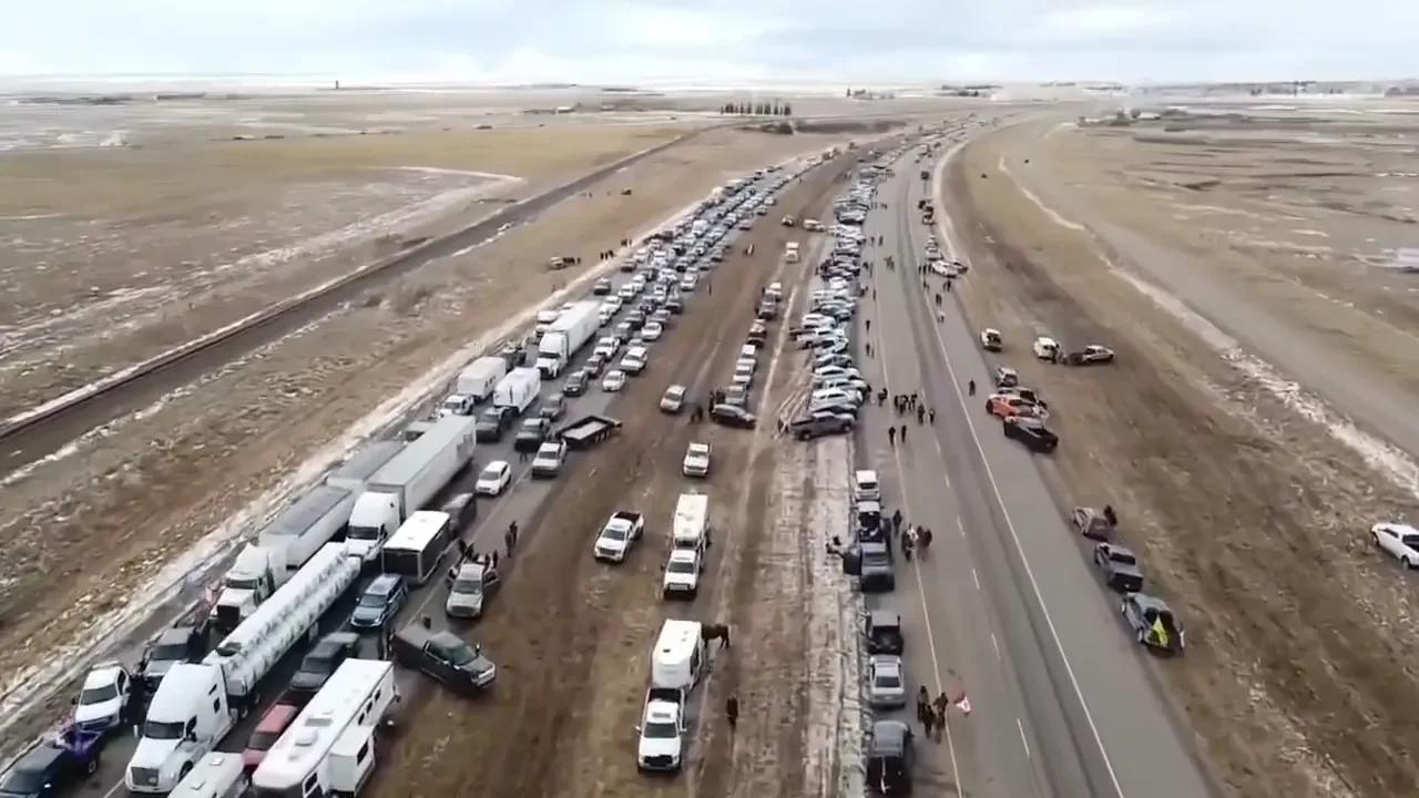 Epic view from the massive blockade at the border between Canada and the US