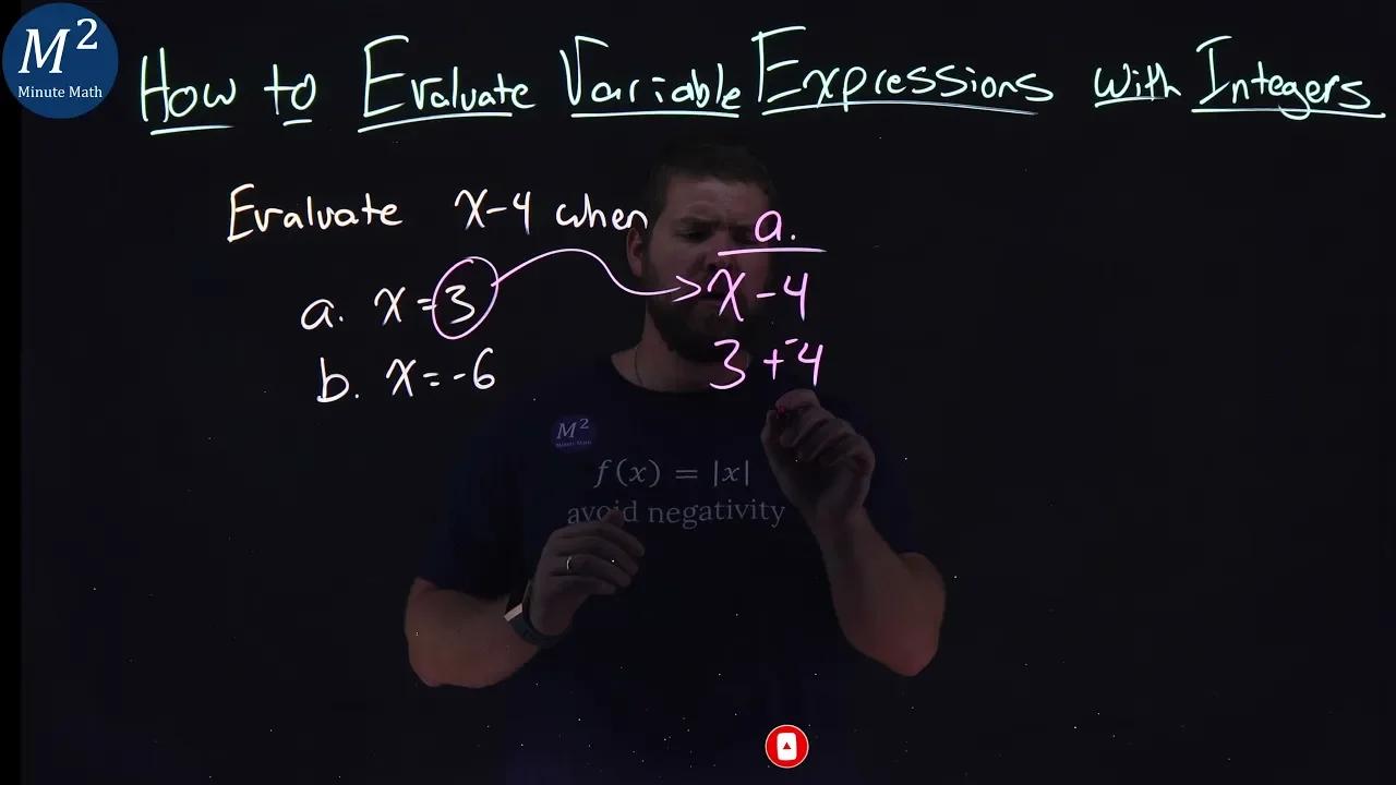 How to Evaluate Variable Expressions with Integers | Evaluate x-4 when x=4 and x=-6 | Part 1 of 2