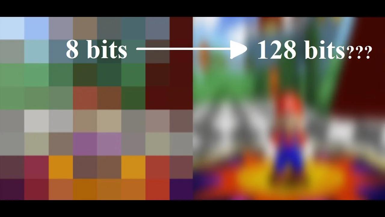 Super Mario 64 128 bits, 64 bits, 32 bits, 16 bits, 8 bits, 4 bits, 2 bits, 1 bit