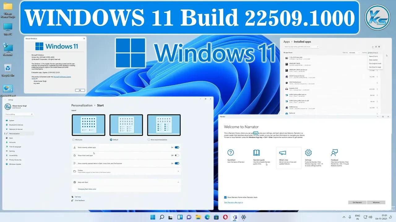 Windows 11 Build 22509 - New Start Menu Options, Narrator, Settings, Taskbar Icons & Fixes