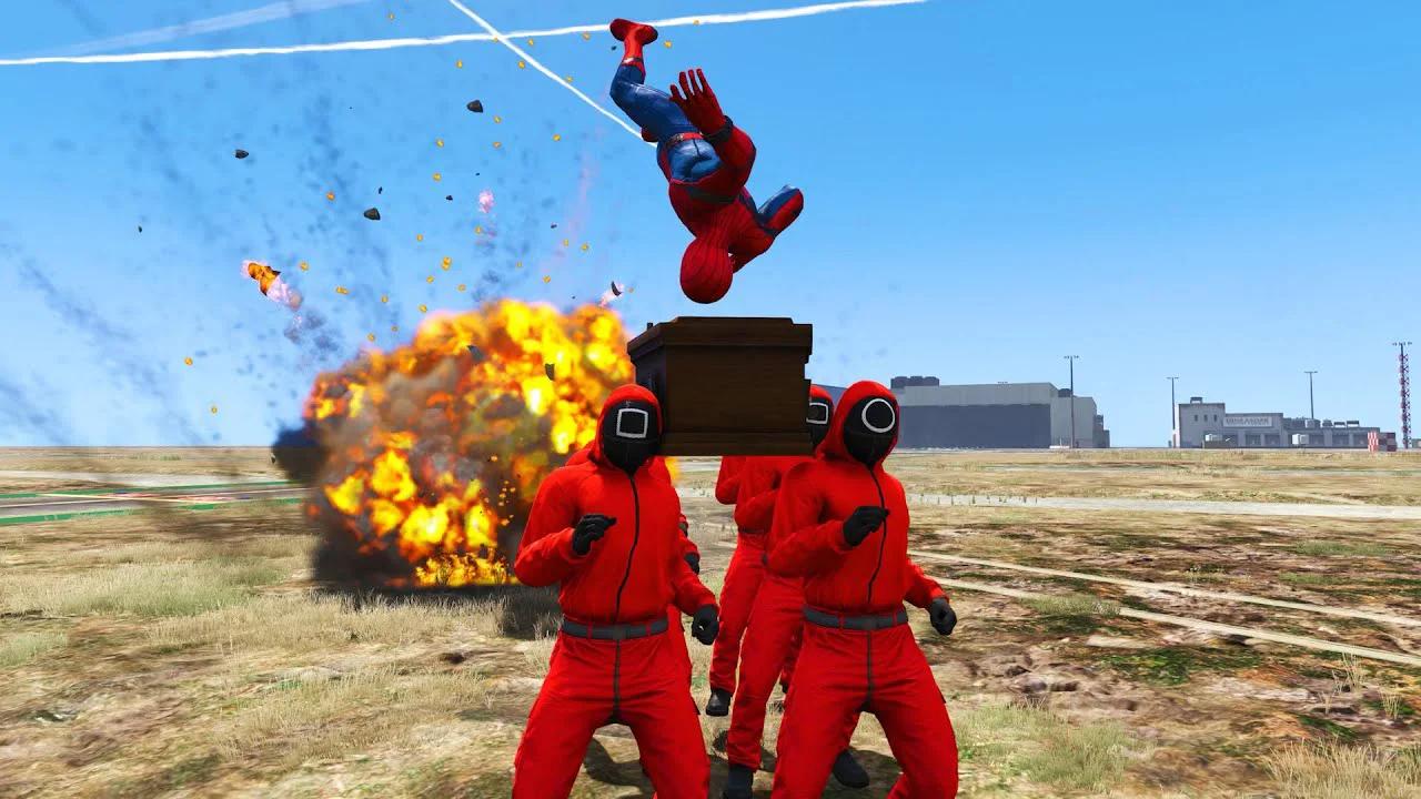 GTA 5 COFFIN DANCE WITH SQUID GAME GUARD! SPIDERMAN JUMP CHALLENGE ...