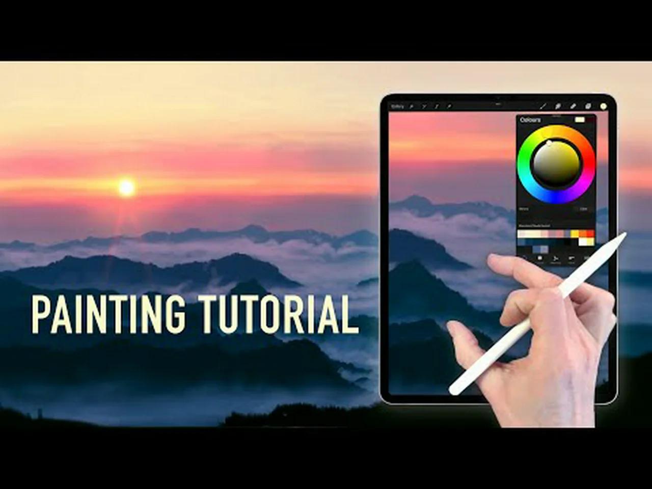 IPAD PAINTING TUTORIAL - Mountain clouds sunset landscape in Procreate